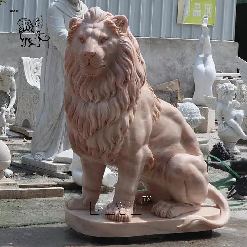 Sunset Red Marble Life Size Lion Statues Natural Stone Carving Garden ...
