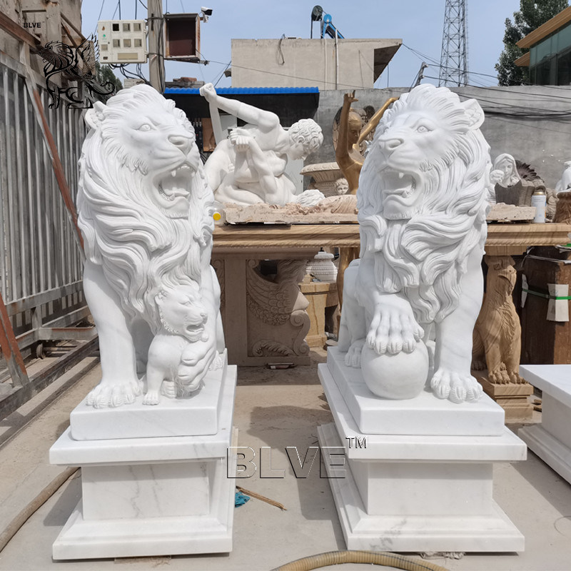 Entrance Marble Lion Statues Garden Life Size White Stone Carvings And ...