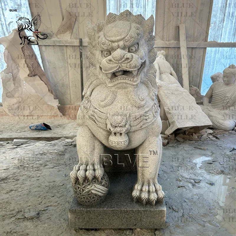 Foo Dog Fengshui Sculpture Hand Carved Granite Lion Statue Guardian ...